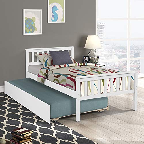 Twin Platform Bed with Trundle, Solid Wood Bed Frame with Headboard, Footboard for Teens Boys Girls,No Box Spring Needed (White)