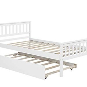 Twin Platform Bed with Trundle, Solid Wood Bed Frame with Headboard, Footboard for Teens Boys Girls,No Box Spring Needed (White)