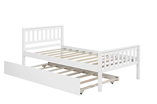 Twin Platform Bed with Trundle, Solid Wood Bed Frame with Headboard, Footboard for Teens Boys Girls,No Box Spring Needed (White)