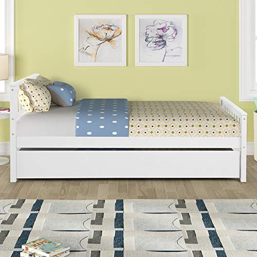 Twin Platform Bed with Trundle, Solid Wood Bed Frame with Headboard, Footboard for Teens Boys Girls,No Box Spring Needed (White)