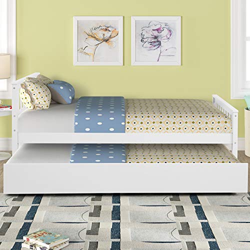 Twin Platform Bed with Trundle, Solid Wood Bed Frame with Headboard, Footboard for Teens Boys Girls,No Box Spring Needed (White)