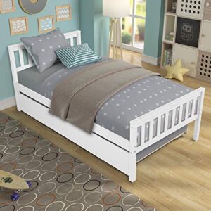 Twin Platform Bed with Trundle, Solid Wood Bed Frame with Headboard, Footboard for Teens Boys Girls,No Box Spring Needed (White)