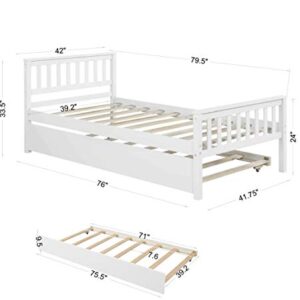 Twin Platform Bed with Trundle, Solid Wood Bed Frame with Headboard, Footboard for Teens Boys Girls,No Box Spring Needed (White)