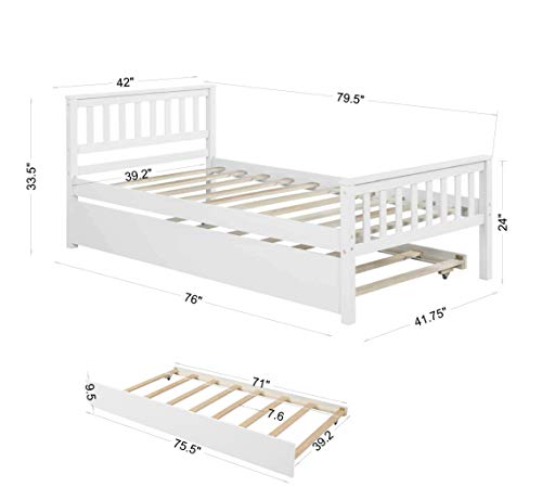 Twin Platform Bed with Trundle, Solid Wood Bed Frame with Headboard, Footboard for Teens Boys Girls,No Box Spring Needed (White)