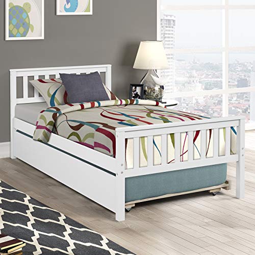 Twin Platform Bed with Trundle, Solid Wood Bed Frame with Headboard, Footboard for Teens Boys Girls,No Box Spring Needed (White)