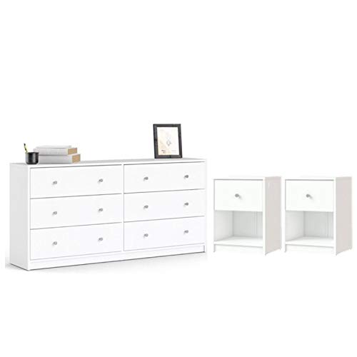 Home Square 3 Piece Bedroom Set with 6-Drawer Double Dresser and Two of 1-Drawer Nightstand in White