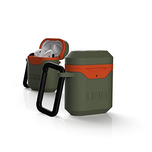 URBAN ARMOR GEAR UAG Compatible with AirPods (1st & 2nd Gen) Case Full-Body Protective Soft-Touch Silicone Case with Detachable Carabiner, Standard Issue Hard Case_001, Olive/Orange