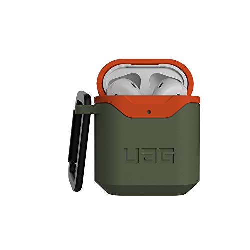 URBAN ARMOR GEAR UAG Compatible with AirPods (1st & 2nd Gen) Case Full-Body Protective Soft-Touch Silicone Case with Detachable Carabiner, Standard Issue Hard Case_001, Olive/Orange