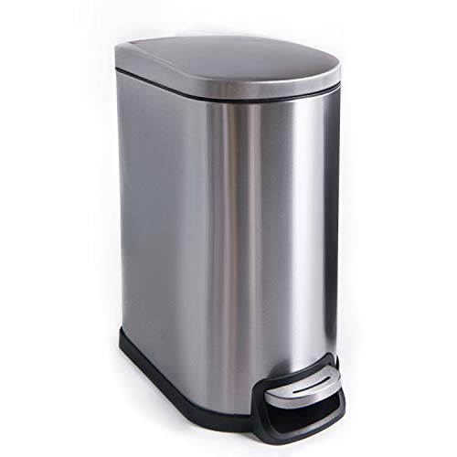 CTETC Slim Small Trash Can with Lid Soft Close and Removable Inner Wastebasket, Rectangular Narrow Stainless Steel Garbage Can for Bathroom Bedroom, Anti-Fingerprint Brushed Finish, 2.6Gal/10L, Silver