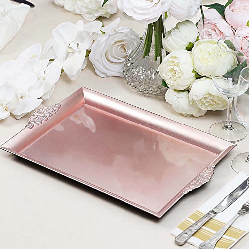 Efavormart 2 PCS - 14"x10" Rose Gold Square Decorative Plastic Serving Trays With Embossed Rims