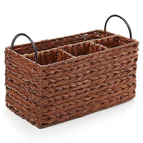 Americanflat Water Hyacinth Basket with Handles - Multipurpose Storage Organizer Caddy - 1 Large and 3 Small Compartments (Walnut Color)