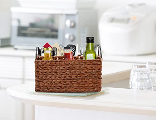 Americanflat Water Hyacinth Basket with Handles - Multipurpose Storage Organizer Caddy - 1 Large and 3 Small Compartments (Walnut Color)