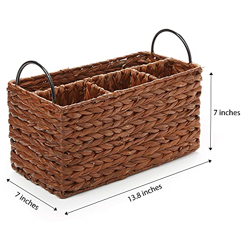 Americanflat Water Hyacinth Basket with Handles - Multipurpose Storage Organizer Caddy - 1 Large and 3 Small Compartments (Walnut Color)