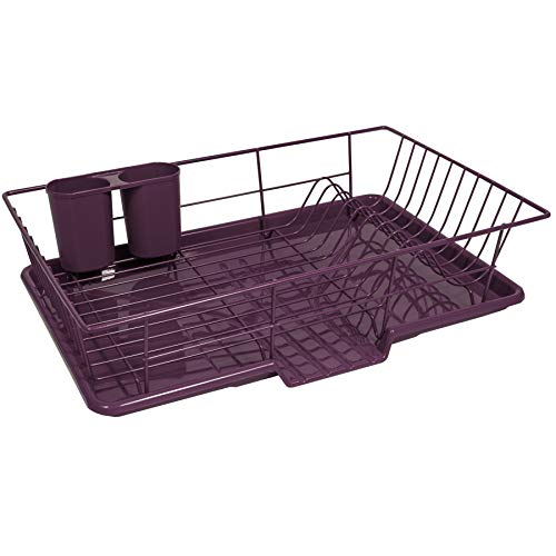 Sweet Home Collection 3 Piece Dish Drainer Rack Set with Drying Board and Utensil Holder, 12" x 19" x 5", Eggplant