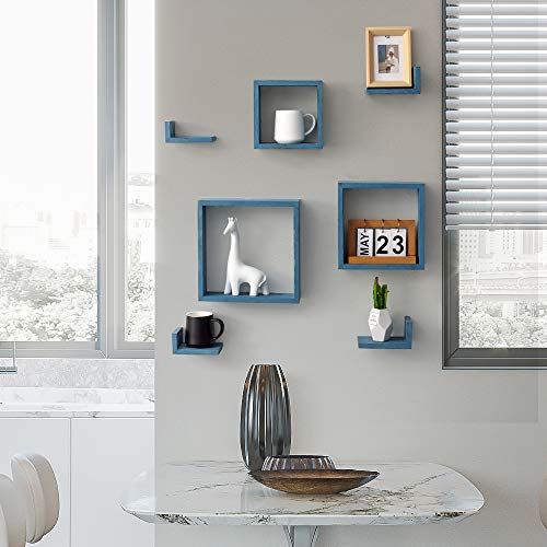 Coral Flower Rustic Wall Mounted Square Shaped Floating Shelves – Set of 7 – 3 Square Shelves and 4 L-Shaped Rustic Shelves – Screws and Anchors Included, Rustic Blue