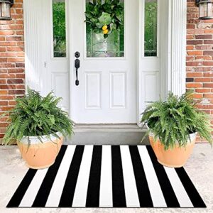 kozyfly black and white striped rug 3'x5' indoor outdoor rugs hand woven cotton washable striped layered doormats for front door/kitchen/farmhouse/entryway/patio