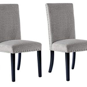 Cui Liu Owen Upholstered Dining Chair – Armless Dining Chair in Grey Linen with Black Wooden Leg and Shiny Silver Nailhead (Set of 2)