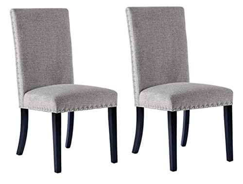 Cui Liu Owen Upholstered Dining Chair – Armless Dining Chair in Grey Linen with Black Wooden Leg and Shiny Silver Nailhead (Set of 2)