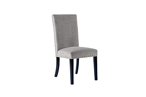 Cui Liu Owen Upholstered Dining Chair – Armless Dining Chair in Grey Linen with Black Wooden Leg and Shiny Silver Nailhead (Set of 2)