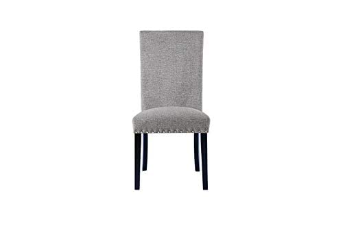 Cui Liu Owen Upholstered Dining Chair – Armless Dining Chair in Grey Linen with Black Wooden Leg and Shiny Silver Nailhead (Set of 2)