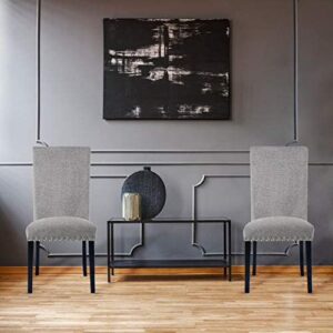 Cui Liu Owen Upholstered Dining Chair – Armless Dining Chair in Grey Linen with Black Wooden Leg and Shiny Silver Nailhead (Set of 2)