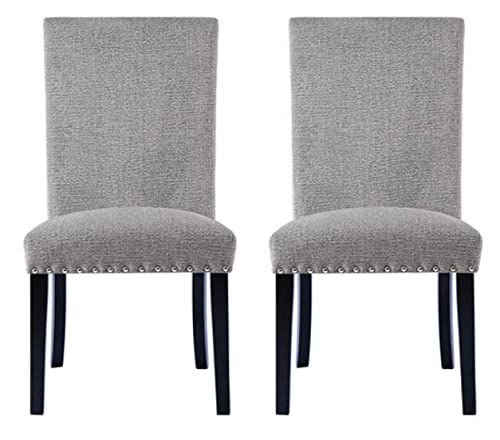 Cui Liu Owen Upholstered Dining Chair – Armless Dining Chair in Grey Linen with Black Wooden Leg and Shiny Silver Nailhead (Set of 2)