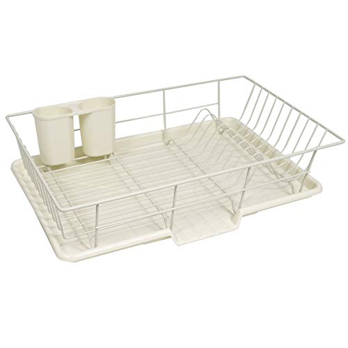 Sweet Home Collection Metal, Plasic 3 Piece Dish Drainer Rack Set with Drying Board and Utensil Holder, 12" x 19" x 5", Ivory