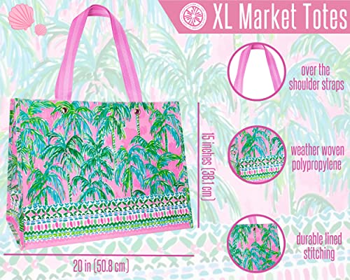 Lilly Pulitzer Pink/Green XL Market Shopper Bag, Oversize Reusable Grocery Tote with Comfortable Shoulder Straps, Suite Views