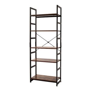 azl1 life concept bookshelf rack 5 tier vintage bookcase shelf organizer modern wood look accent metal frame furniture home office,rustic brown