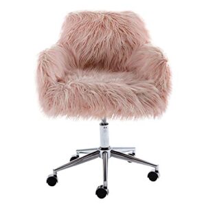 Goujxcy Fluffy Desk Chair, Faux Fur Height Adjustable Swivel Vanity Accent Chair for Girls Women, Modern Cute Furry Makeup Chairs in Bedroom Living Room, Pink