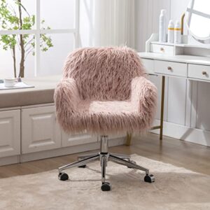 Goujxcy Fluffy Desk Chair, Faux Fur Height Adjustable Swivel Vanity Accent Chair for Girls Women, Modern Cute Furry Makeup Chairs in Bedroom Living Room, Pink