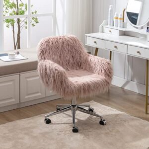 Goujxcy Fluffy Desk Chair, Faux Fur Height Adjustable Swivel Vanity Accent Chair for Girls Women, Modern Cute Furry Makeup Chairs in Bedroom Living Room, Pink