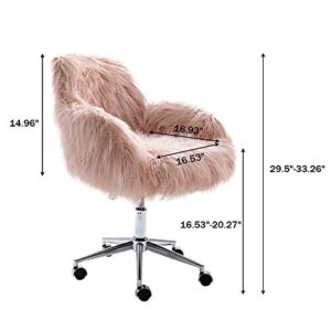 Goujxcy Fluffy Desk Chair, Faux Fur Height Adjustable Swivel Vanity Accent Chair for Girls Women, Modern Cute Furry Makeup Chairs in Bedroom Living Room, Pink