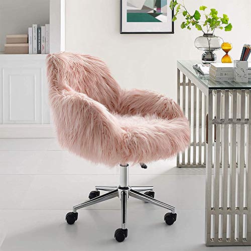 Goujxcy Fluffy Desk Chair, Faux Fur Height Adjustable Swivel Vanity Accent Chair for Girls Women, Modern Cute Furry Makeup Chairs in Bedroom Living Room, Pink