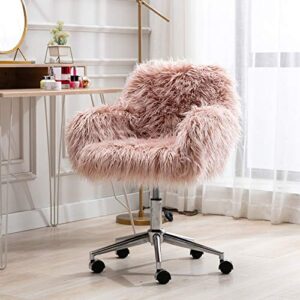 Goujxcy Fluffy Desk Chair, Faux Fur Height Adjustable Swivel Vanity Accent Chair for Girls Women, Modern Cute Furry Makeup Chairs in Bedroom Living Room, Pink