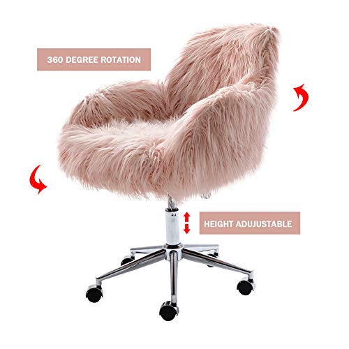 Goujxcy Fluffy Desk Chair, Faux Fur Height Adjustable Swivel Vanity Accent Chair for Girls Women, Modern Cute Furry Makeup Chairs in Bedroom Living Room, Pink