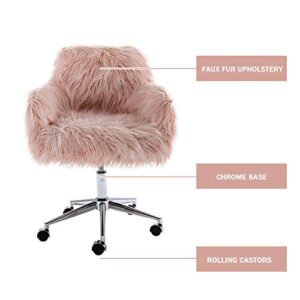 Goujxcy Fluffy Desk Chair, Faux Fur Height Adjustable Swivel Vanity Accent Chair for Girls Women, Modern Cute Furry Makeup Chairs in Bedroom Living Room, Pink