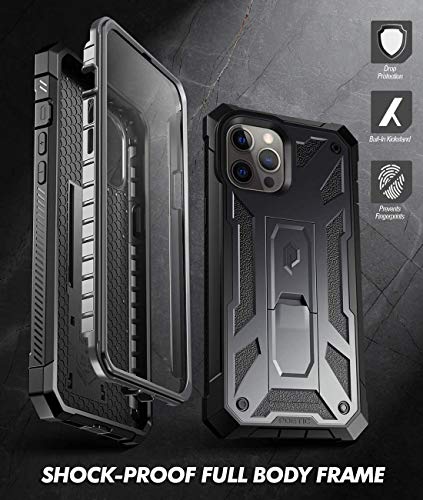 Poetic Spartan Series for iPhone 12 Pro Max 6.7 inch Case, Full-Body Rugged Dual-Layer Metallic Color Accent with Premium Leather texture Shockproof Protective Cover with Kickstand, Metallic Gun Metal