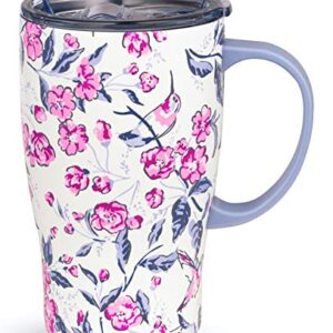 Vera Bradley Insulated Coffee Mug with Handle, 18 Ounce Stainless Steel Tumbler with Lid, Pink Floral Metal Thermal Cup, Hummingbird Ditsy