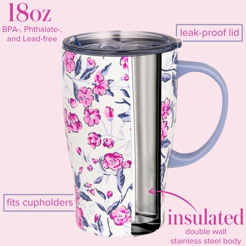 Vera Bradley Insulated Coffee Mug with Handle, 18 Ounce Stainless Steel Tumbler with Lid, Pink Floral Metal Thermal Cup, Hummingbird Ditsy