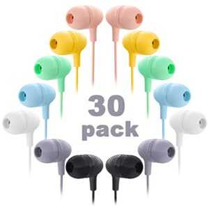 kids earbuds bulk 30 pack macaron colors mixed, wholesale durable earphones in-ear headphones perfect for schools classrooms students teens children gift and adult