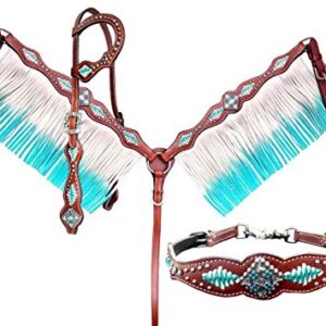 Turquoise and White Leather Laced One Ear 4 Piece Headstall and Breast Collar Set with Fringe.