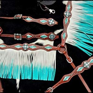 Turquoise and White Leather Laced One Ear 4 Piece Headstall and Breast Collar Set with Fringe.