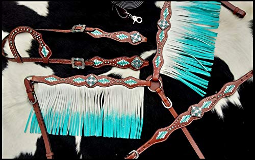 Turquoise and White Leather Laced One Ear 4 Piece Headstall and Breast Collar Set with Fringe.