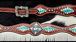 Turquoise and White Leather Laced One Ear 4 Piece Headstall and Breast Collar Set with Fringe.