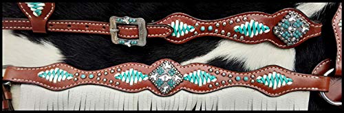 Turquoise and White Leather Laced One Ear 4 Piece Headstall and Breast Collar Set with Fringe.