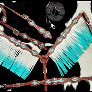 Turquoise and White Leather Laced One Ear 4 Piece Headstall and Breast Collar Set with Fringe.