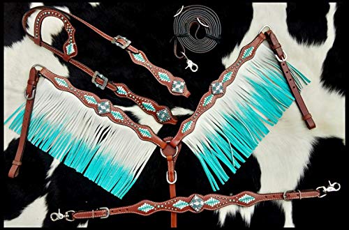 Turquoise and White Leather Laced One Ear 4 Piece Headstall and Breast Collar Set with Fringe.