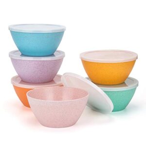 koxin-karlu unbreakable cereal bowls with lids - 28 oz wheat straw fiber bowls for cereal or salad | set of 6 in 6 assorted colors, dishwasher & microwave safe