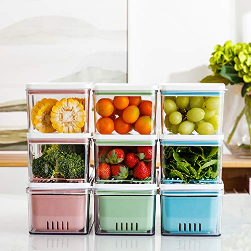 Lille Home Stackable Produce Saver, Organizer Bins/Storage Containers with Removable Drain Tray, Set of 3, for Refrigerators, Cabinets, Countertops and Pantry, BPA Free (Green,Set of 3)